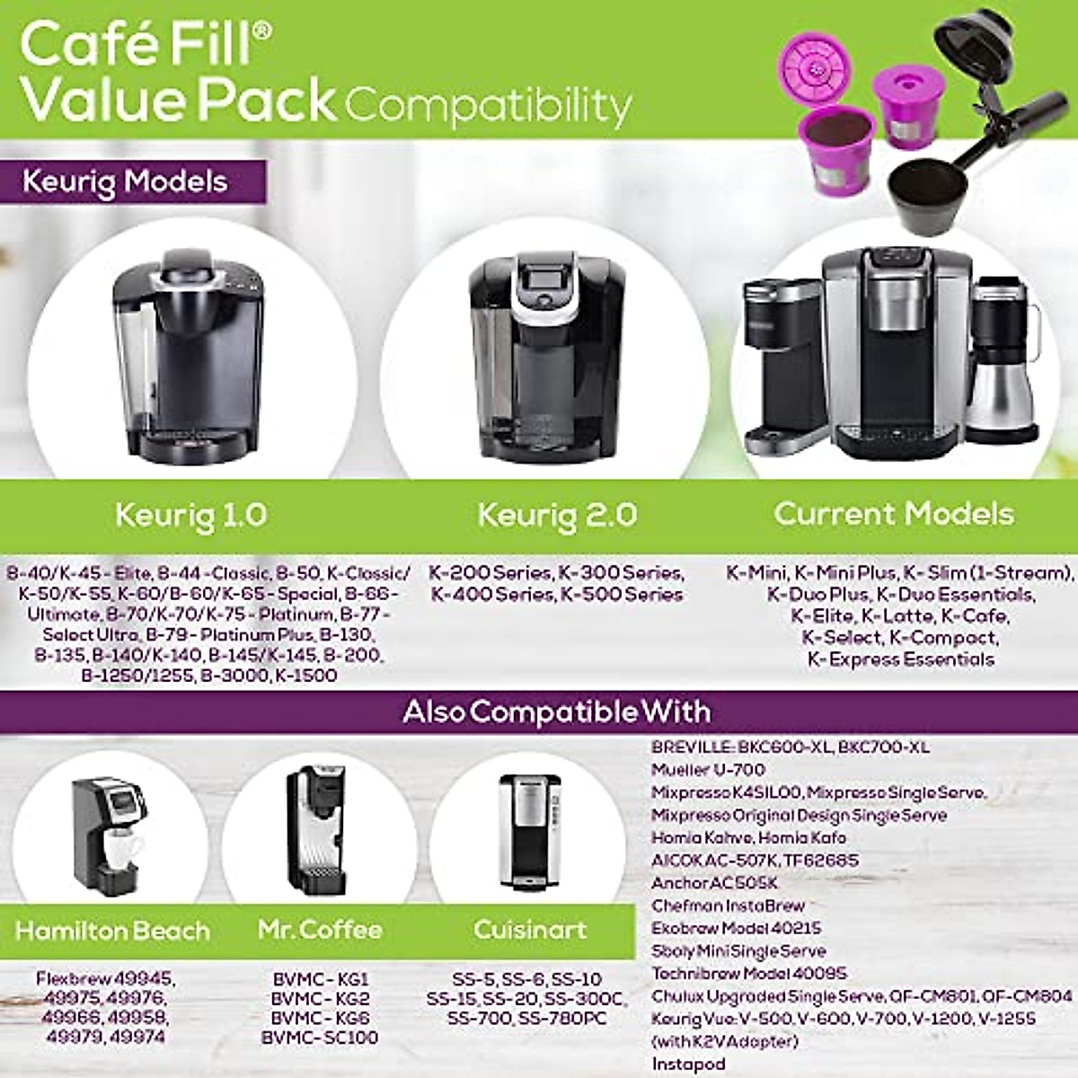 Cafe Fill Value Pack by Perfect Pod - Reusable K Cup Coffee Pod Filters & Coffee Scoop, Compatible with Keurig K-Duo, K-Mini, 1.0, 2.0, K-Series and Select Single Cup Coffee Makers