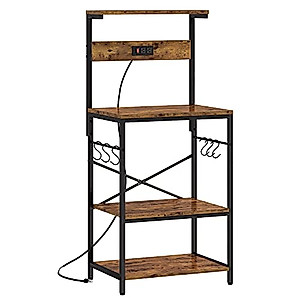 SUPERJARE Kitchen Bakers Rack with Power Outlet, Coffee Bar Table 4 Tiers, Kitchen Microwave Stand with 6 S-shaped Hooks, Kitchen Storage Shelf Rack for Spices, Pots and Pans - Rustic Brown