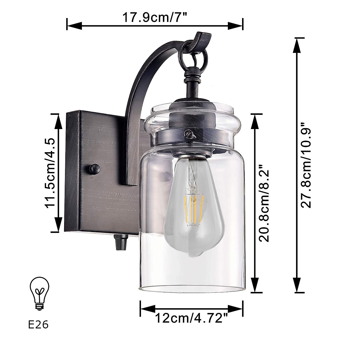 SKIVTGLAMP Industrial Glass Wall Sconce Rechargeable Battery Operated LED Picture Lights with Remote, Cordless E26 LED Black Wall lamp Dimmable Wall lamp for Hallway No Drilling Aisle 2PCS