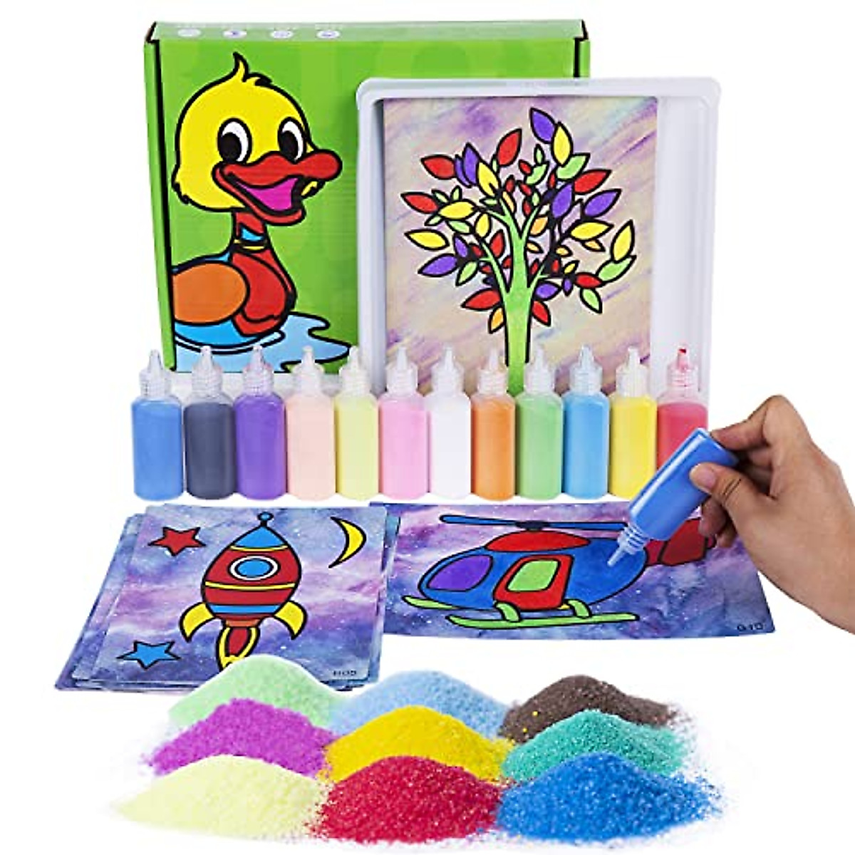 Berry President Sand Painting Cards Art Kids Coloring DIY Paper Craft Kit with 12 Bottles Colored Sand for 4 5 6 7 Year Old Children Kids (12 Bottles, Green)