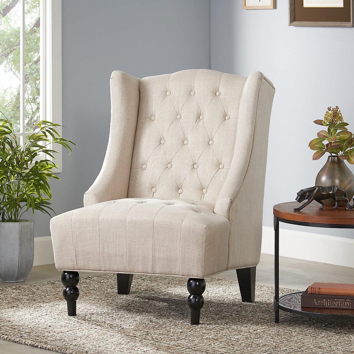 GDFStudio Tall Tufted Fabric Accent Chair, Vintage Club Seat for Living Room (Light Beige)