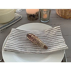 Linen Napkins – 100% French Flax – Stonewashed Pure Linen Cloth Napkins – Mitered Corners – Set of 4 (Gray/White Stripe)
