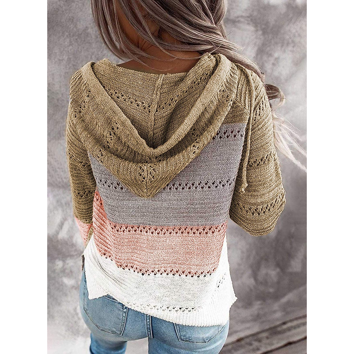 Vemodoo Women'S Hoodie Ladies Sweatshirts Lightweight Sweaters For Women Women's Color Block Knit Hoodies Sweaters V Neck Drawstring Lightweight Pullover Sweatshirts Khaki Large