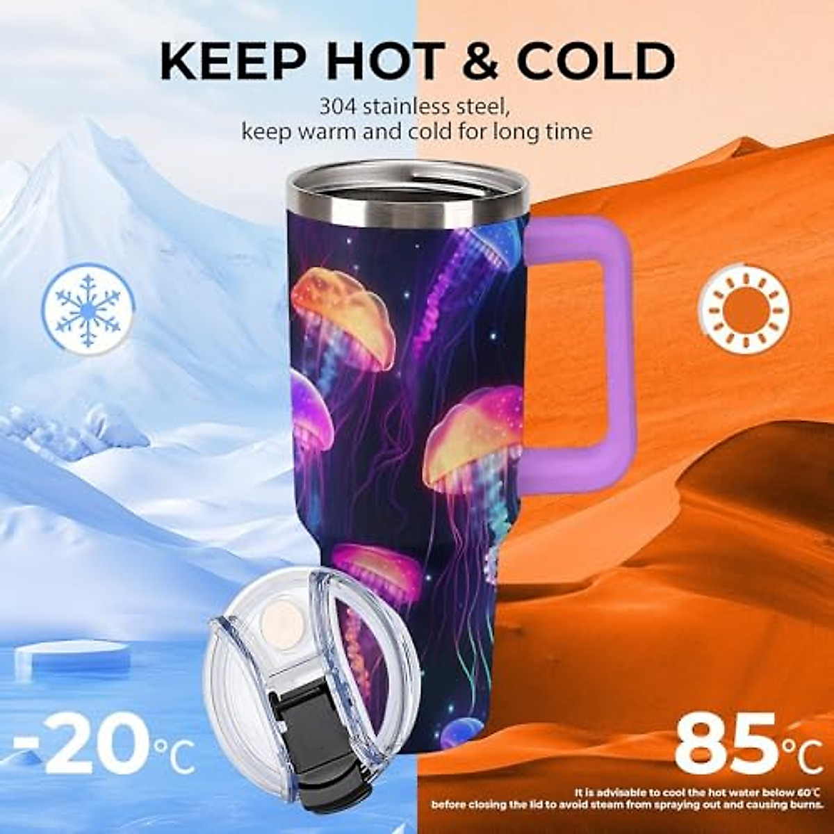 Jellyfish 40 Oz Car Cup Stainless Steel Travel Mug Leak-Proof Insulated Tumbler with Handle Violet-style