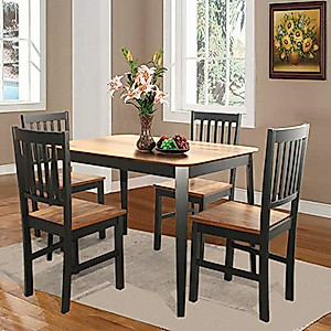 COSTWAY Set of 4 Dining Chairs, Dining Room Side Chair with Slat Back, Rubber Wood Legs Armless Chair with Black Base and Walnut Seat Ideal for Home, Kitchen, Dining Room