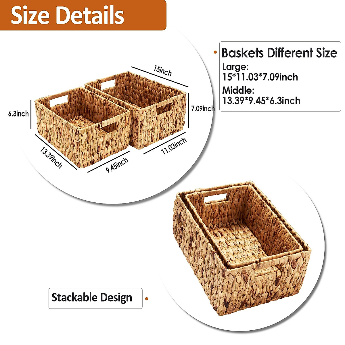 ROSOS Wicker Baskets 2 Pack, Water Hyacinth Wicker Storage Basket with Handles, Large Wicker Baskets for Storage, Wicker Baskets for Organizing, Large Rectangular Wicker Basket, Natural