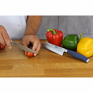 Taylors Eye Witness Syracuse Asian Kitchen Knife Set - Chefs Santoku 13cm/5” & Cooks All Purpose 13cm/5” Cutting Edge, Multi Use. Ultra Fine, Razor Sharp Blade. Soft Textured Grip Denim Blue Handle.