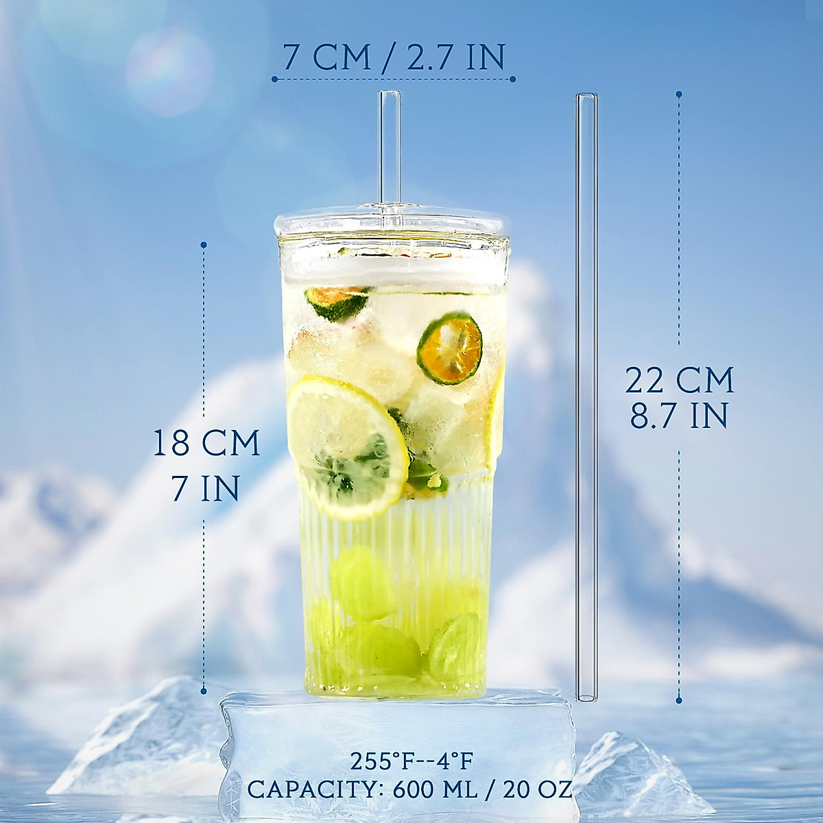 Puraville 2 Pack 20oz Glass Cups with Lids and Straws, Mason Jar Drinking Glasses Iced Coffee Cup, Glass Tumbler Smoothie Cup for Long Drinks