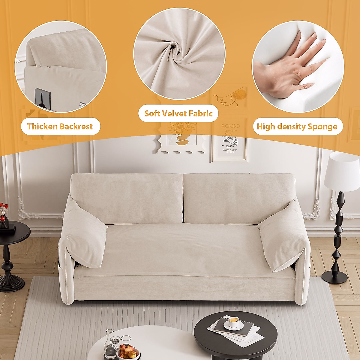 ONEMMLION 63.8" Queen Pull Out Couch Sofa Bed, 3 in 1 Convertible Sleeper Sofa with Side Storage, Velvet Loveseat Futon Comfy Cloud Couches for Living Room, Apartment, Small Space, Beige