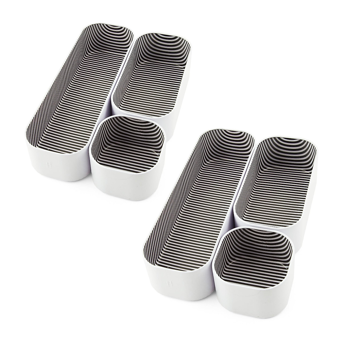 Three by Three Seattle 6 Piece Metal Organizer Tray Set for Storing Makeup, Stationery, Utensils, and More in Office Desk, Kitchen and Bathroom Drawers (2 Inch, Stripes and White)