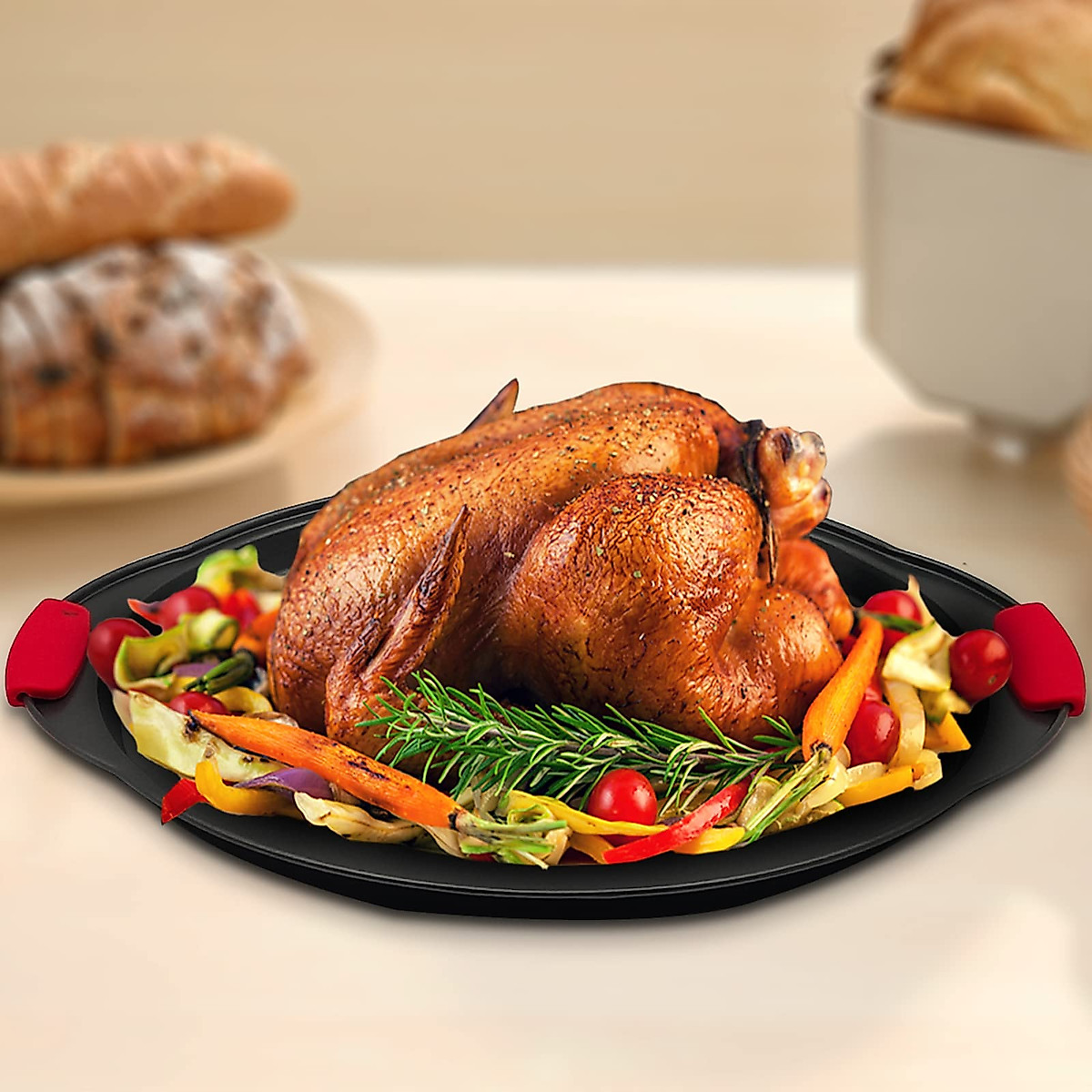 VDGPWA 12 Inch Non-Stick Pizza Tray-With Silicone Handle,Carbon Steel Without Hole and With Hole Pizza Tray,Round Pizza Bakeware Crisper Pan for Home Baking,Kitchen,Restaurant Oven (2 Pack)