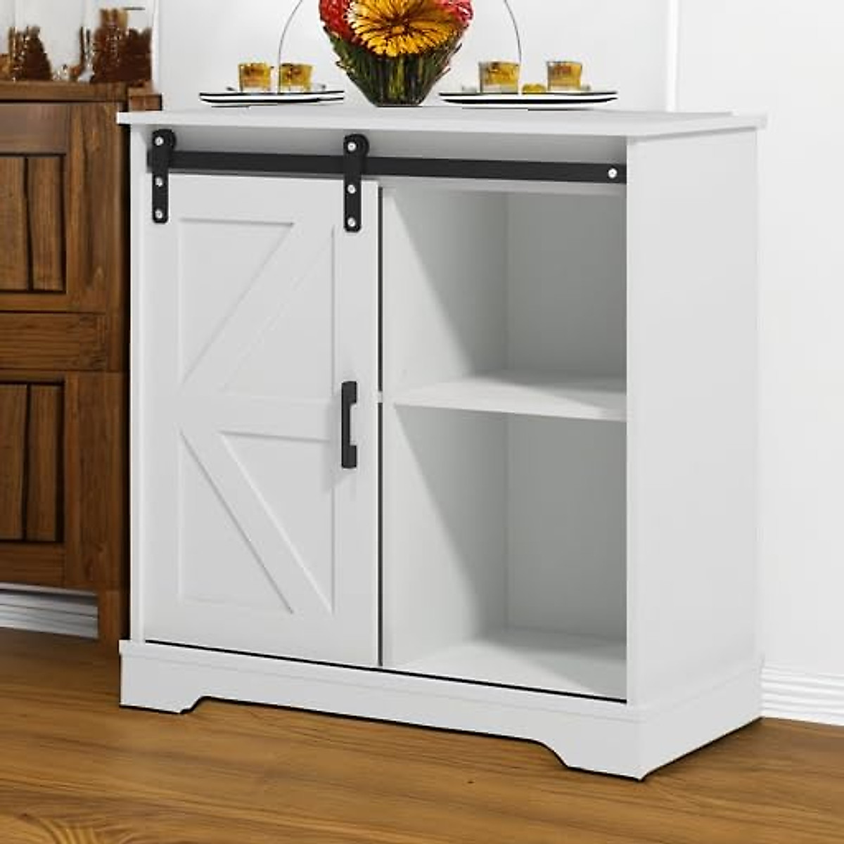 Panana Sliding Barn Door Buffet Sideboard Storage Cabinet Coffee Bar Kitchen Farmhouse Style (White Cabinet)