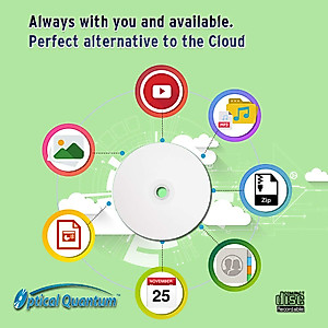 Optical Quantum Blue AZO CD-R 700MB 52X White Inkjet Hub Printable Blank Recordable Media Discs – 100pk Spindle for Music, Data, and Photo Storage