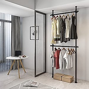 2-Tier Clothing Rack, Industrial Pipe Style Clothes Rail, Heavy Duty Free Standing Garment Racks, Stainless Steel Floor to Ceiling Closet for Store and Home Hanging Clothes, Black