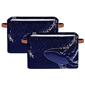 Pardick Large Collapsible Storage Bins ,Universe Whale Decorative Canvas Fabric Storage Boxes Organizer with Handles，Rectangular Baskets Bin for Home Shelves Closet Nursery Gifts