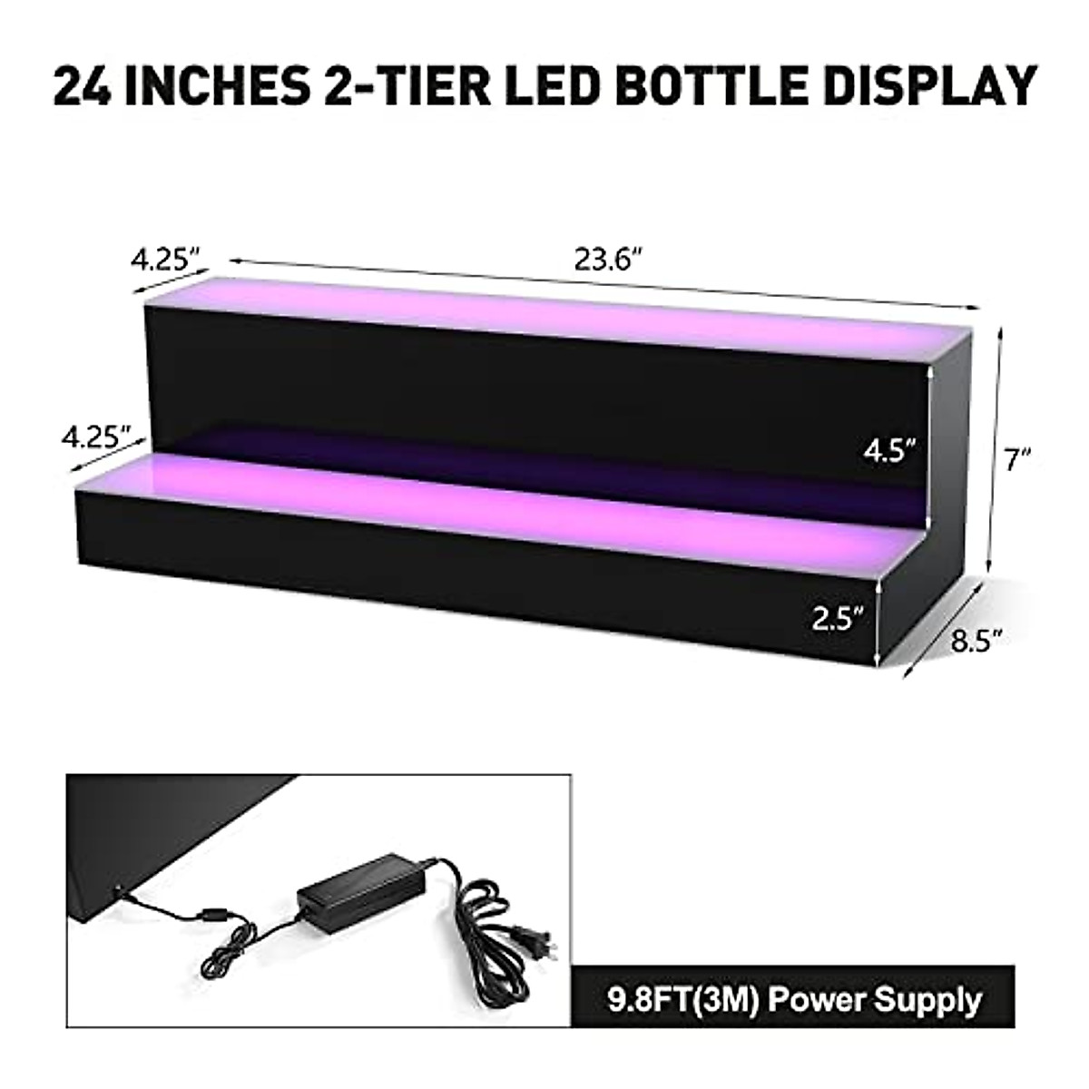 COSVALVE 2 Step Lighted Liquor Bottle Display Shelf, 24 Inch Illuminated Bar Bottle Shelf 2-Tier Commercial Home Bar Bottle Display Drinks Acrylic Lighting Shelves with Remote Control