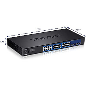 TRENDnet 28-Port Web Smart Switch, 24 x Gigabit Ports, 4 x 10G SFP+ Slots, High Speed Network Uplinks, 128 Gbps Switching Capacity,1U Rack Mountable,Lifetime Protection, Black, TEG-30284