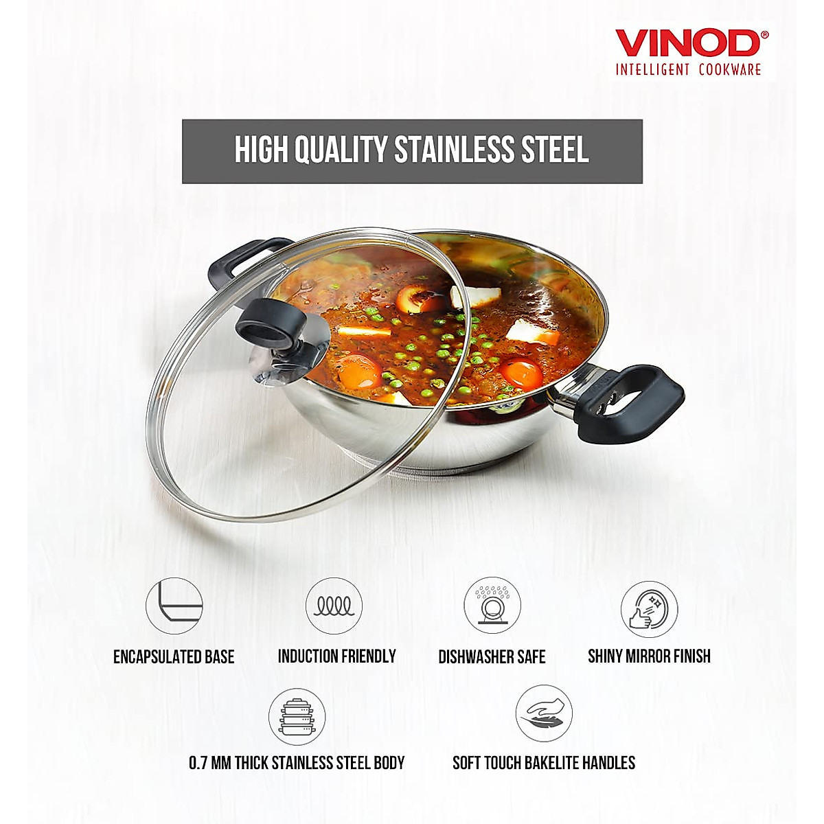 Vinod Stainless Steel Kadhai | Deluxe Wok With Glass Lid | Induction Friendly | Sandwich Bottom | 18cm Capacity | 1.6 Liters | Small-Size | Multi-Use Pot | Suitable For Indian Cooking, Gravy, Stews