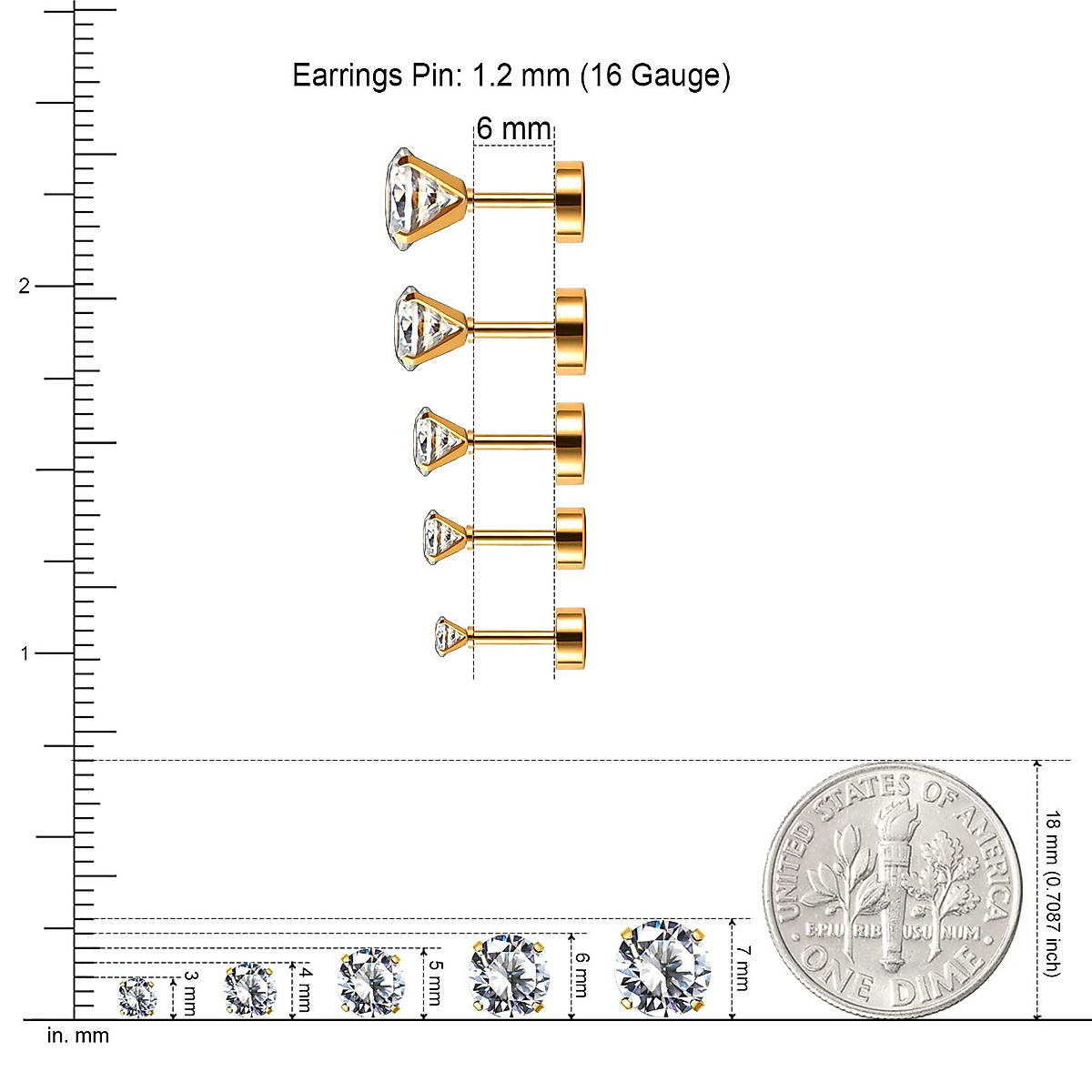 JewelrieShop Cartilage Tragus Earring Stainless Steel Stud Piercing Earring Flat Back Earrings Stud Flatback Screw Back Earrings for Women Men (16G, 6mm Bar Length, 3mm-7mm CZ, 5 Pairs)