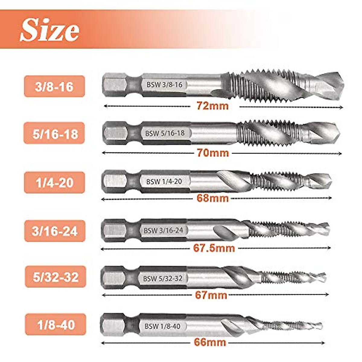 Mesee 6 Pieces Drill Tap Combination Bit Set, 1/4'' Hex Shank HSS Deburr Countersink Bits Spiral Screw Tap Tool Kit - Imperial 1/8 5/32 3/16 1/4 5/16 3/8