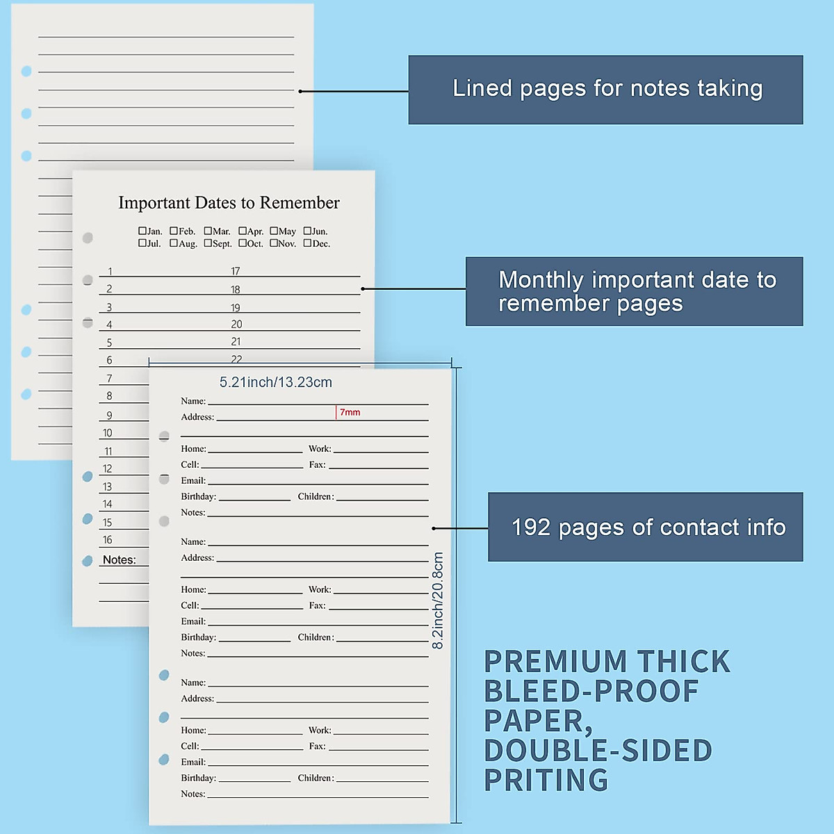 Happyaokeland Address Book Refill Pages 648 Contacts (236 Replacement Pages of Addresses, Birthday, Email) Durable Dividers with Alphabetical Tabs Large Print Refillable Pages Fits A5 6-Ring Binder