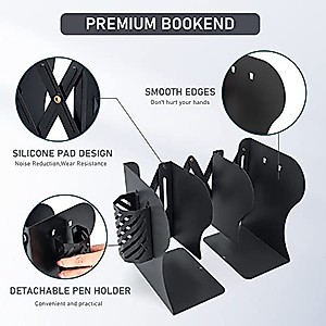 Adjustable Book Ends, Hmseng Metal Bookends Book Holders for Shelves, Desk Magazine File Organizer Holder for Office, Books, Papers, Extends up to 19 inches.Scratch-Resistant Hand Coating-Black