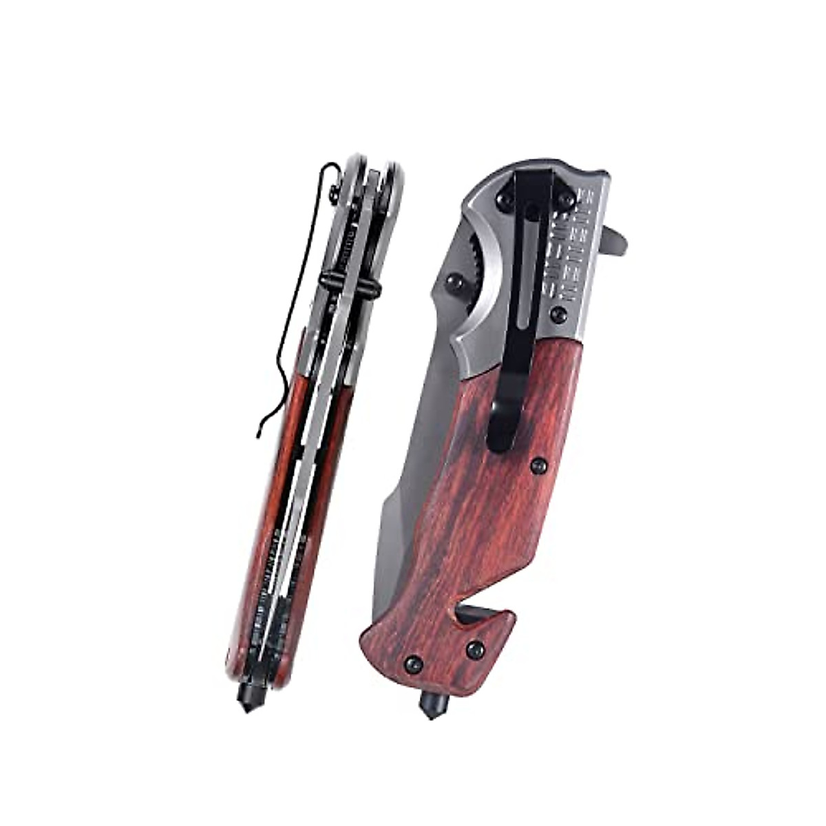 sharpken Pocket Knife for Men Women, Folding Knife with Clip + Seatbelt Cutter + Glass Breaker + Wood Handle