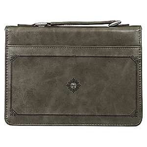 Christian Art Gifts Protective Charcoal Gray Faux Leather Classic Bible Cover Carry Case for Men: All Things Through Christ - Philippians 4:13 Inspirational Bible Verse with Zipper and Pocket, Large