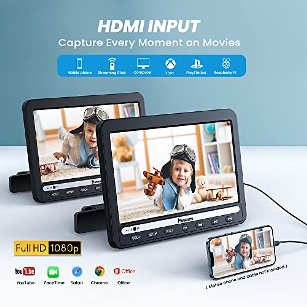 NAVISKAUTO 10.5" Dual Screen Car DVD Player with HDMI Input, Support MP4 1080P Video Playback, Built-in Rechargeable Battery, Play a Same or Two Different Movies (2 X DVD Player)