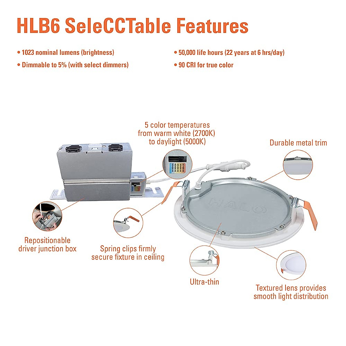 HALO HLB 6-Inch Thin Recessed Indoor/Outdoor Canless LED Downlight w/Selectable Color Temperatures; HLB6099FS1EMWR