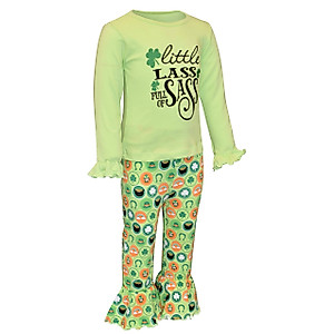 Unique Baby 2 Piece Girls Double Ruffle Leggings and Long Sleeve Shirt Clothes Set Kid and Toddler Girl St Paricks Day Outfit (7 Years, Little Lass)