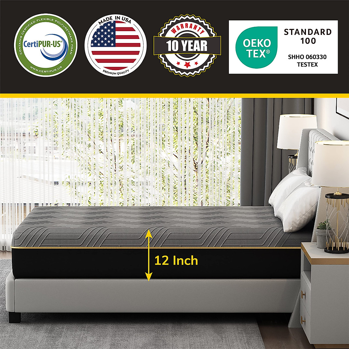 EGOHOME 12 Inch Cal King Memory Foam Mattress, Therapeutic Mattress for Back Pain Relief, Cooper Gel Cooling Double Mattress in a Box, CertiPUR-US Certified, Made in USA, 72”x84”x12”, Black
