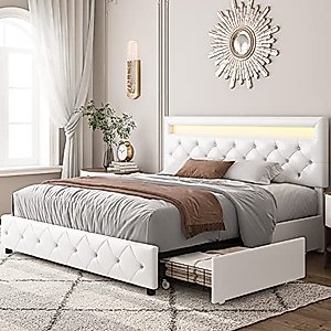 Keyluv Queen Upholstered LED Bed Frame with 4 Storage Drawers and Adjustable Crystal Button Tufted Headboard, Platform Bed with Solid Wooden Slats Support, No Box Spring Needed, White