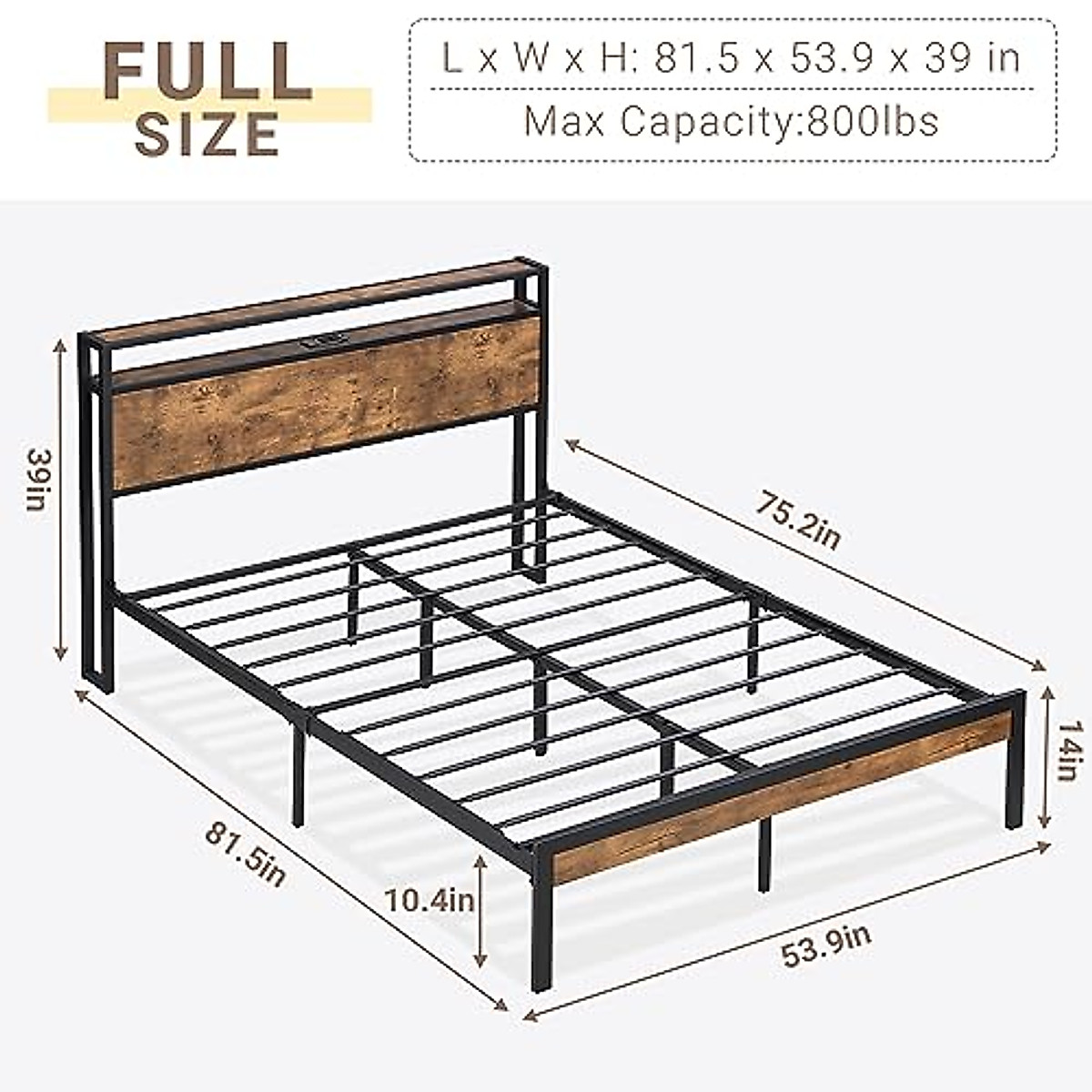 Zevemomo Full Bed Frame with 2-Tier Storage Headboard and Power Outlets, USB Ports Charging Station, Heavy Duty Metal Platform Bed Frame 800 LBS Weight Capacity, Noise-Free & No Box Spring Needed