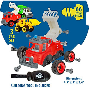 Flybar Power Gearz Take Apart Toy with Screwdriver and Screws- 3 Pack Truck Set for Boys and Girls- Fire Truck, Construction Truck, Garbage Truck- Vehicle Set - Building Toys for Kids Ages 3-5