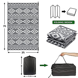Pauwer Waterproof Outdoor Rug 5x7, Reversible Plastic Straw Patio Camping Rug, Indoor Outdoor RV Mat Carpet for Deck, Camper, Porch, Balcony, Backyard, Picnic, Moro Grey