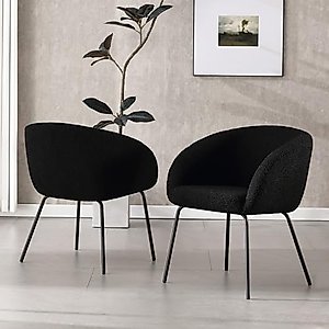 ONEVOG Upholstered Modern Sherpa Chairs for Makeup Vanity Desk, Black Boucle Dining Chairs wtih Arms, Curved Back, Metal Legs, Cozy Kichen & Dining & Living Room Cushioned Seats Set of 2