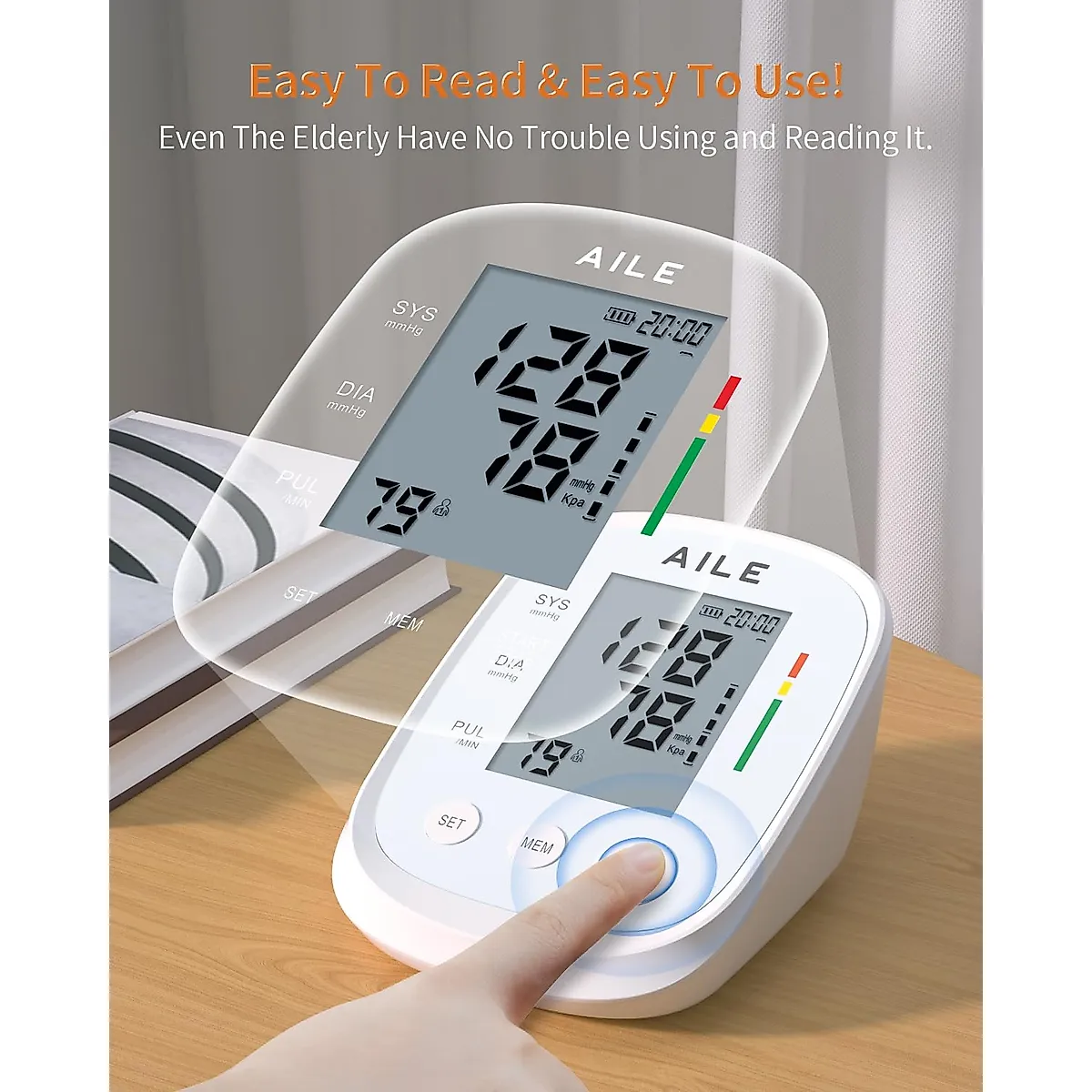 Blood Pressure Monitor, AILE Blood Pressure Machine Upper Arm Large Cuff(8.7"-16.5"), High Automatic Blood Pressure Monitors Cuff for Home Use, (BP) Manual Arm Blood Pressure Monitors, 2 * 99 Memory