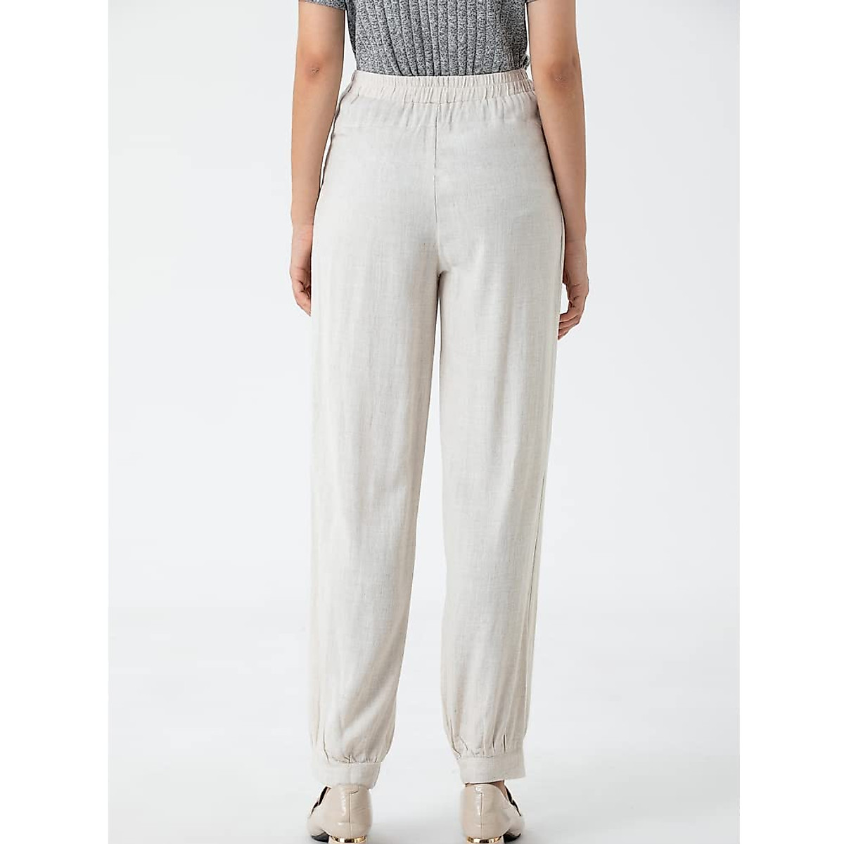 Minibee Women's New Cotton Linen Tapered Cropped Pants Elastic Waist Trousers Beige-XL