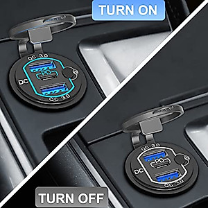 12V USB Outlet Qidoe Aluminum Dual 18W QC3.0 USB Outlet Port 20W PD USB C Car Charger Socket with Power Switch Waterproof Multiple Car USB Port Adapter for Boat Marine Truck Golf RV
