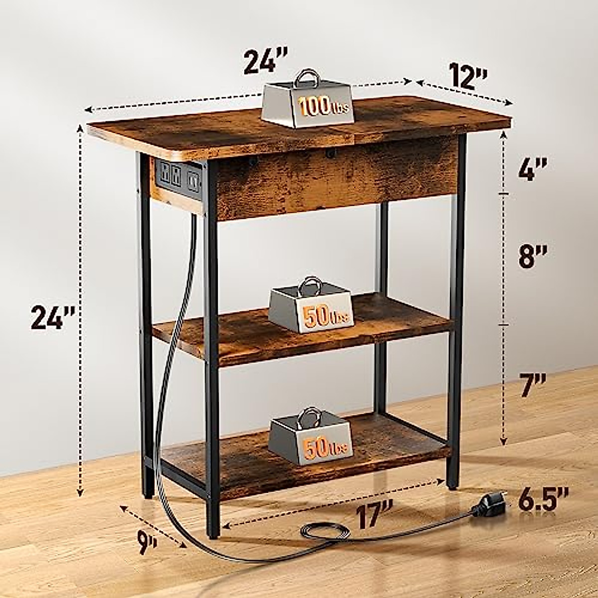 HOUIT End Table with Charging Station, Narrow Flip Top Side Table with USB Ports and Outlets, Nightstand with Storage for Small Spaces, Bedside Tables for Living Room, Bedroom