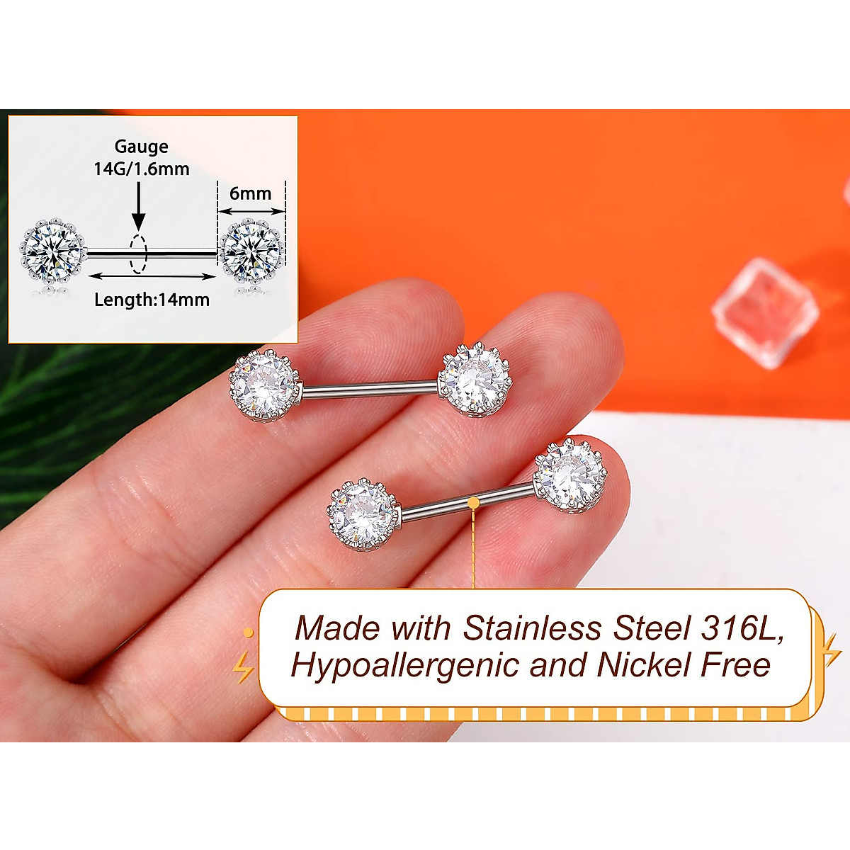 Melighting 14G Nipple Rings Shiny Clear CZ Dainty 316L Surgical Steel Nipple Piercing Barbell Nipple Bars Nipple Piercing Jewelry for Women Men