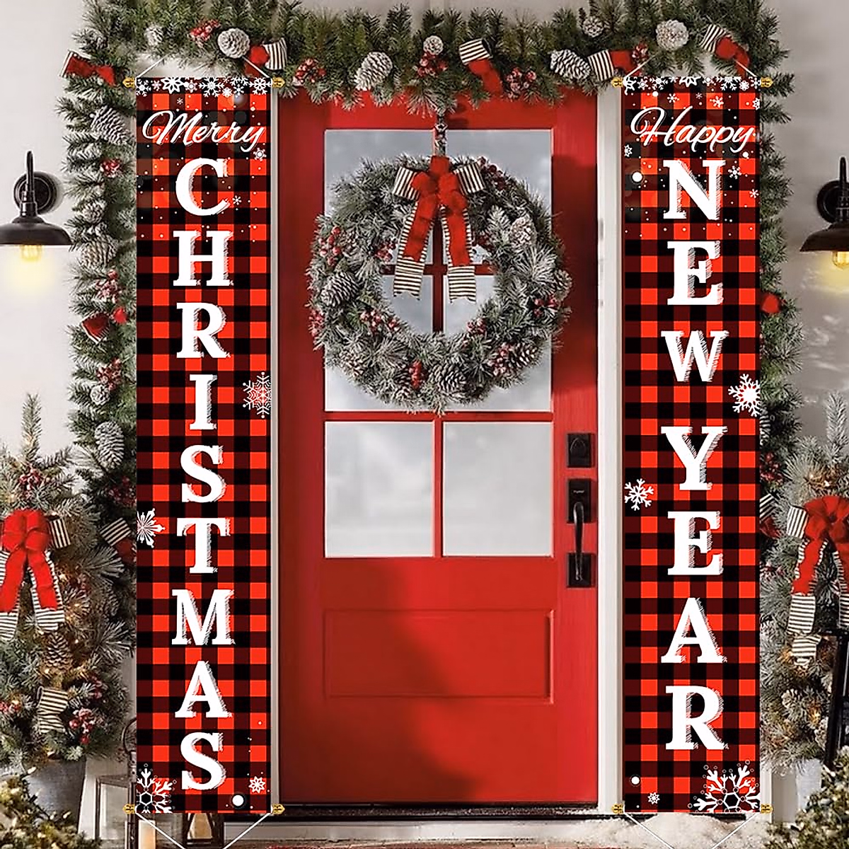 Ivenf Merry Christmas & Happy New Year Decorations, Red Black Buffalo Plaid Banner, 2 Pcs Front Porch Sign Set, Indoor Outdoor Yard Wall Home Decor
