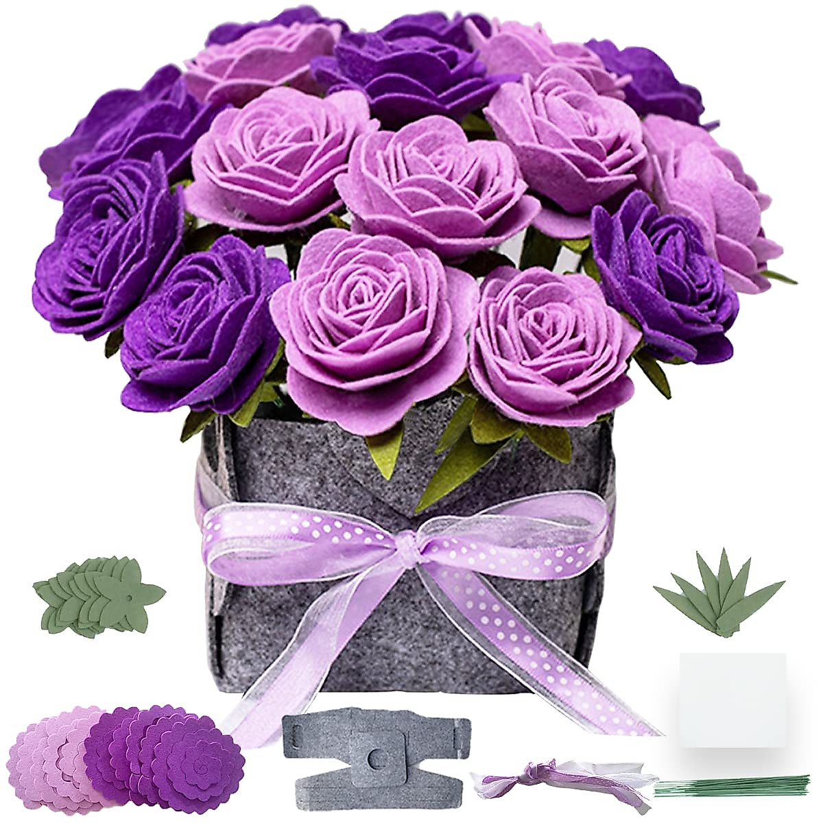 BAZIMA DIY Felt Flower Art Craft Kit, DIY Felt Purple Rose Pot Bonsai Kit, Floral Gifts,Beginner Craft Kit,Arrange Pre-Cut Felt Flowers and Foliage