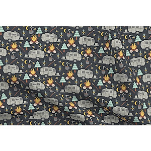 Spoonflower Fabric - Retro Camping Camper Campfire Fireflies Coffee Outdoors Printed on Petal Signature Cotton Fabric by The Yard - Sewing Quilting Apparel Crafts Decor