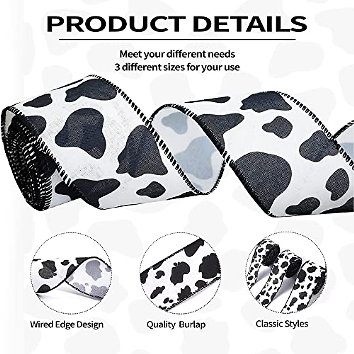 3 Rolls Wired Cow Grosgrain Ribbon, 15 Yards Wired Cow Print Ribbon Black and White Ribbon Animal Print Ribbon, Cow Spot Pattern Ribbon, Animal Print Ribbon for Wreath Bow DIY Crafts Party Decoration