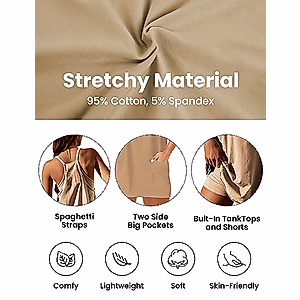 Yidarer Women's Summer Sleeveless Mini Dress V Neck Spaghetti Straps Athletic Shorts Dress with Pockets(Khaki-L)