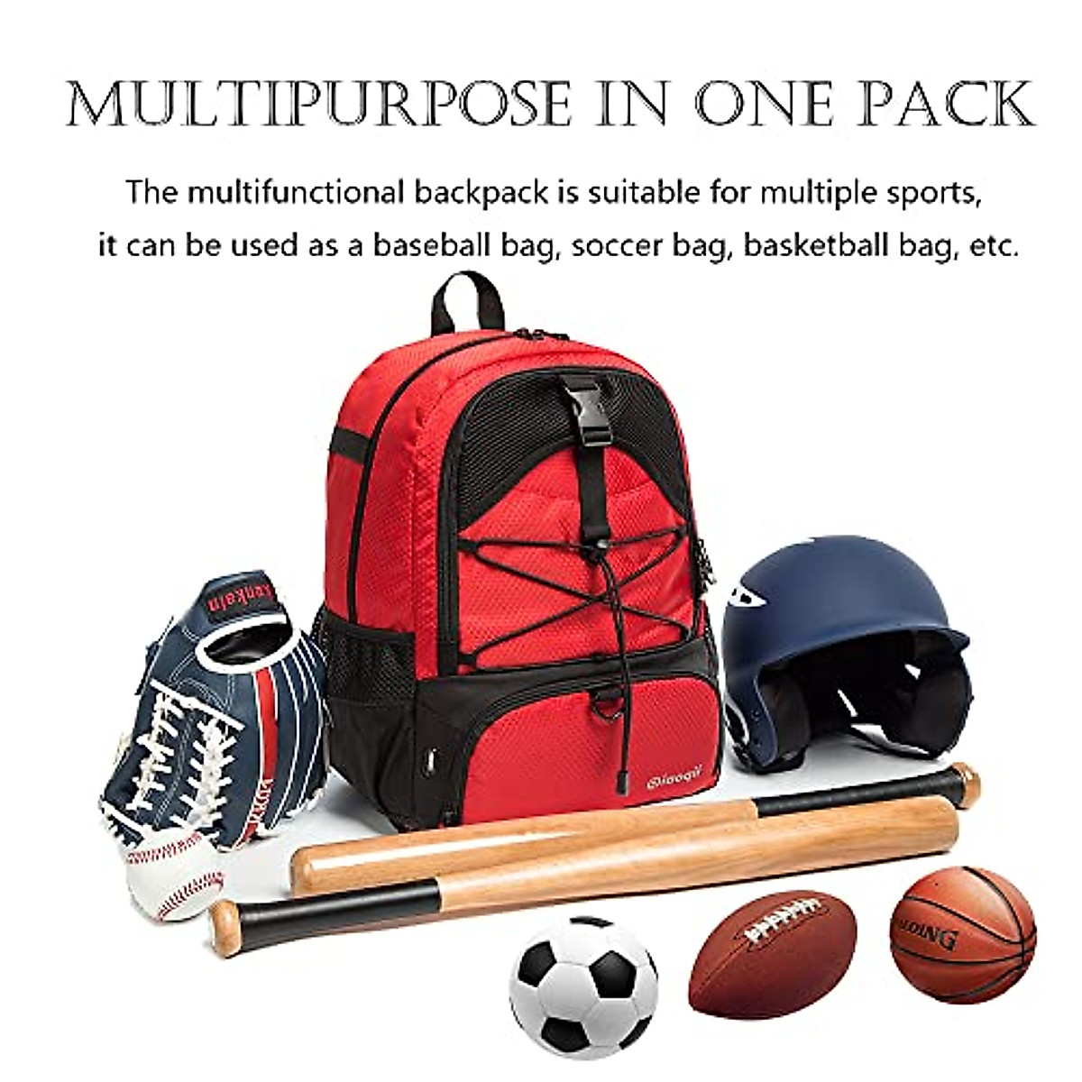 Qiaoqii Youth Basketball Bag/Soccer Bag/Baseball Softball Bag/Multipurpose Gear Backpack with Fence Hook and Shoe Compartment, Can Hold Sports Gear such as Helmet, Ball, Gloves, Shoes, etc.