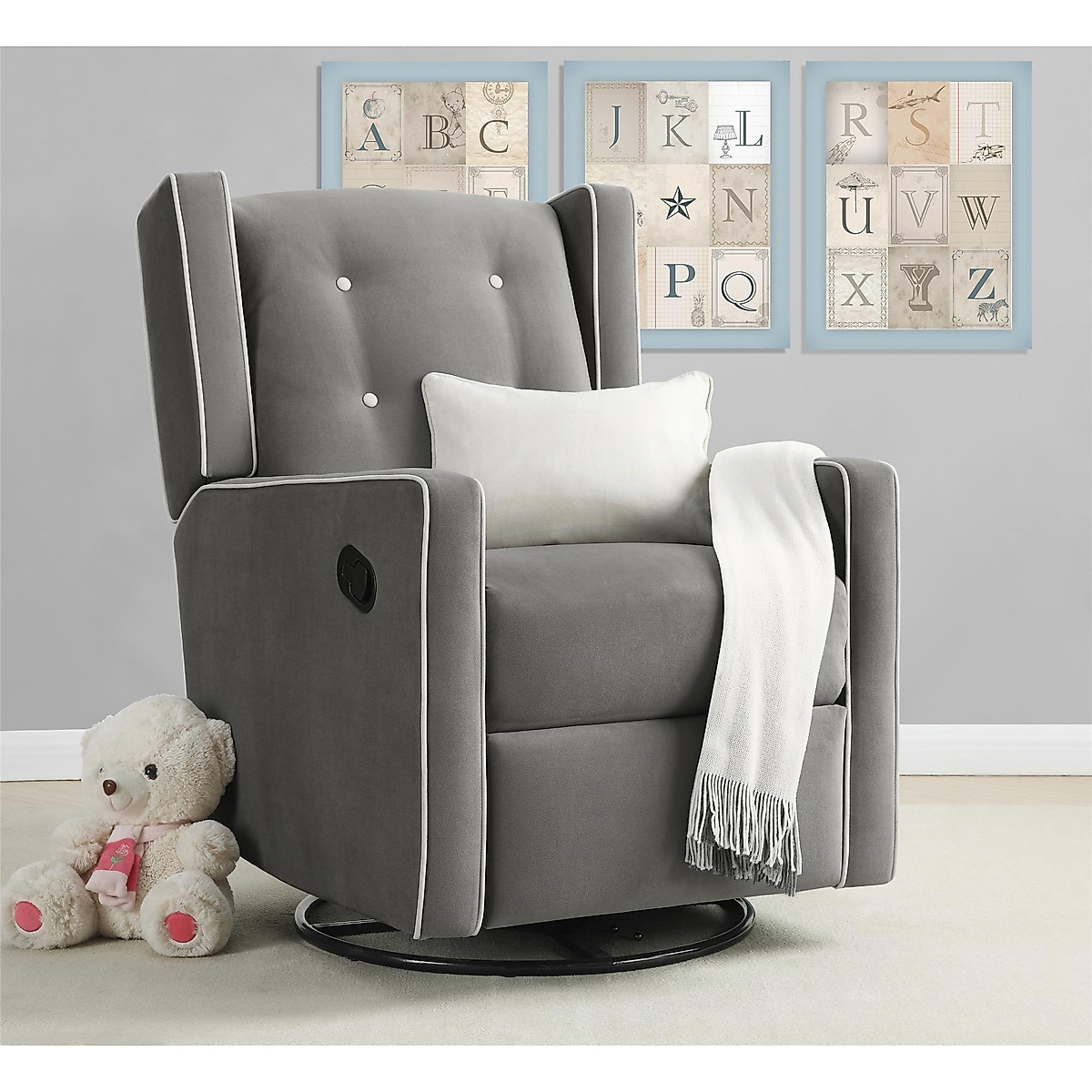 Baby Relax Mikayla 4-in-1 Swivel Glider Rocker Recliner Chair, Gray Microfiber