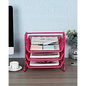EasyPAG Desk Organizer Tray with 3 Sliding Trays for Letters Documents Mail Files Paper, Pink